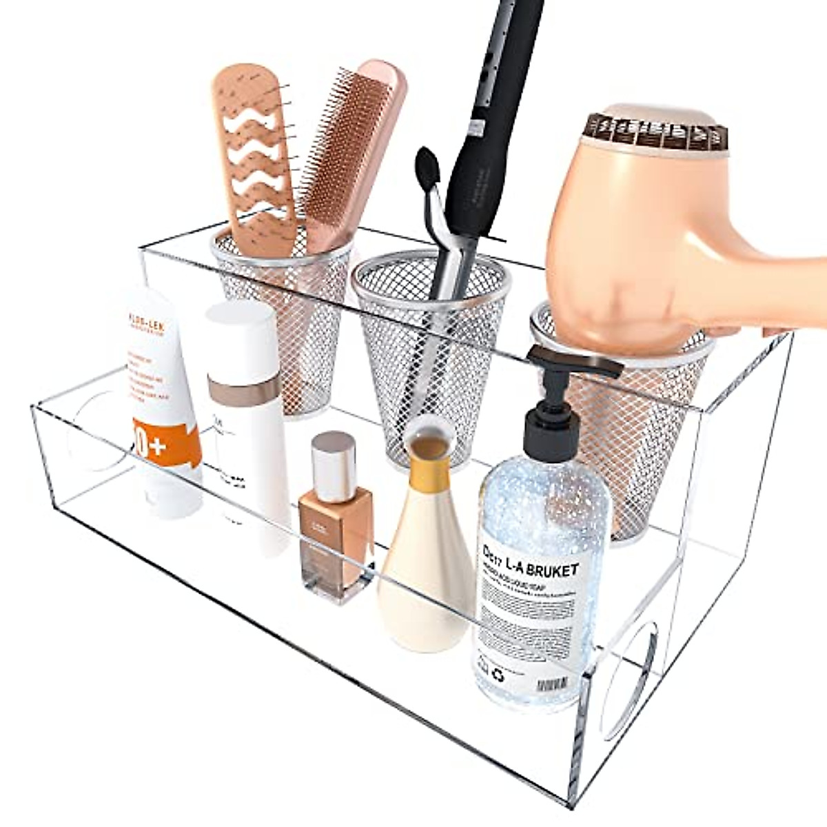 PecMuikee Hair Tool Organizer, Acrylic Hair Tool Caddy Countertop Blow Dryer Stand Storage with 3 Cups for Bathroom, Bedroom, Office, Clear
