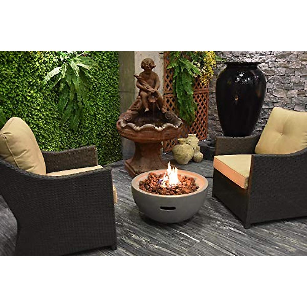 Modeno Nantucket Outdoor Fire Pit Table 27 Inches Round Firepit Concrete Patio Heater Electronic Ignition Backyard Fireplace Cover Lava Rock Included Natural Gas