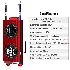 DALY BMS Li-ion 14S 48V 100A PCB Battery Protection Board Common Port with Balance for Lithium Battery Pack Rated 3.7V(Standard BMS,100A)
