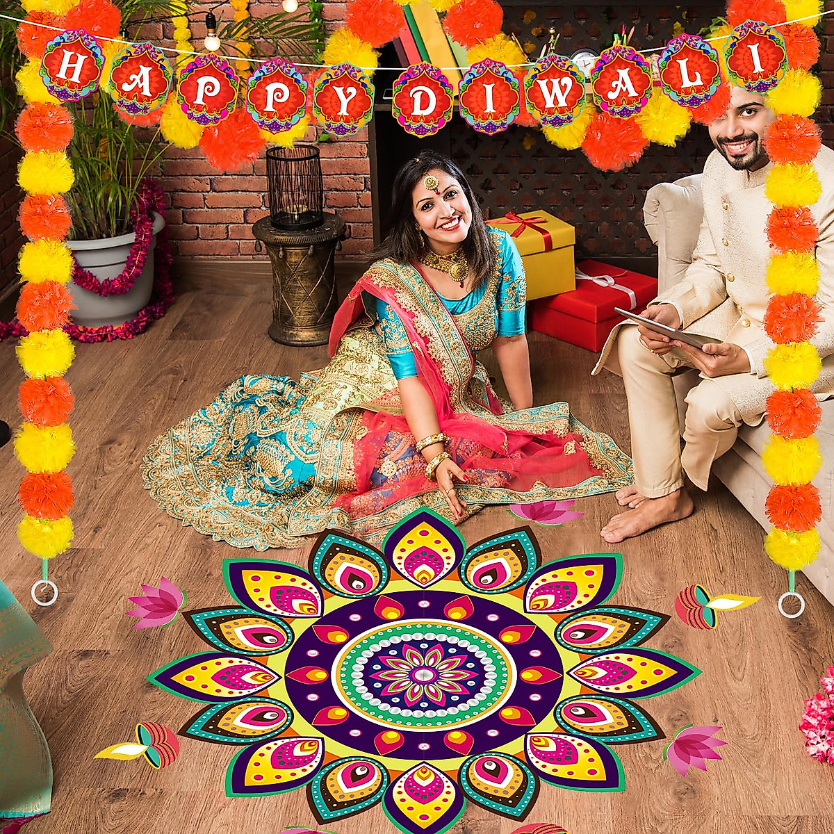 MOVINPE Diwali Decorations Set for Home, Rangoli Stickers For Floor Entrance Wall Porch Marigold Garland Happy Diwali Banner Indian Diwali Diyas Rangoli Decoration