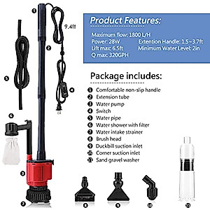 Aquarium Gravel Cleaner Siphon Kit, 6 in 1 Automatic Fish Tank Cleaning Tools Electric Removable Vacuum Water Changer for Changing Water/Removing Detritus/Washing Sands