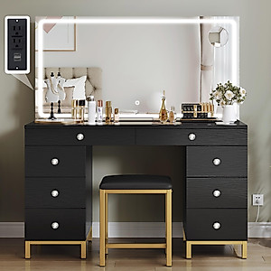 YITAHOME Vanity Desk with Mirror, Power Outlet and Magnifying Glass, Makeup Table with 8 Drawers, 3 Lighting Colors, for Bedroom and Dressing Areas, Black