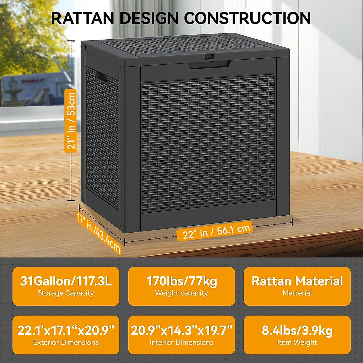 Esmlada 31 Gallon Outdoor Storage Box, Resin Deck Boxes Indoor and outdoor, Waterproof Storage Box Lockable Lid for Garden Tools, Package Delivery, Pool Supplies, Patio Cushions, Black