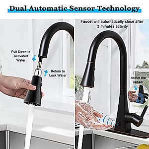 Touchless Kitchen Faucet, ANBSR Kitchen Sink Faucet with Pull Down Sprayer, High Arc Pulldown Single Handle for Motion Sensor, One Hole and 3 Hole 3 Setting Oil Rubbed Bronze Touch Kitchen Faucet