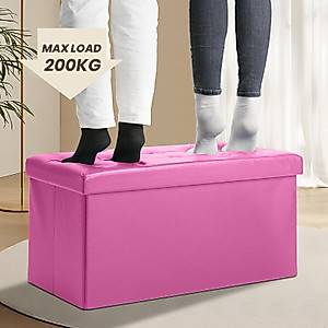 COSYLAND Ottoman Bench with Storage large - 30x15x15in folding Leather Ottoman, Rectangle Foot Stool Foldable Storage Chest Ottoman Footrest Footstool Collapsible with Lid for Bedroom Living Room Pink