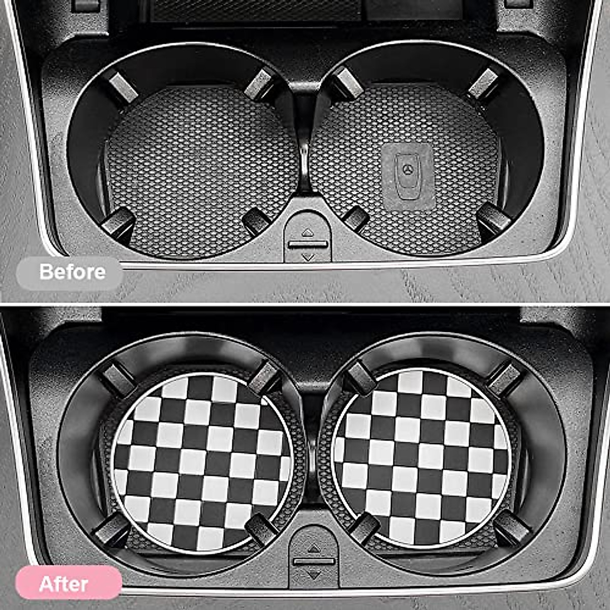 Follicomfy Car Coasters for Cup Holder Silicone, Car Cup Holder Coasters Pack of 2, Fashion Black White Checkerboard Gird