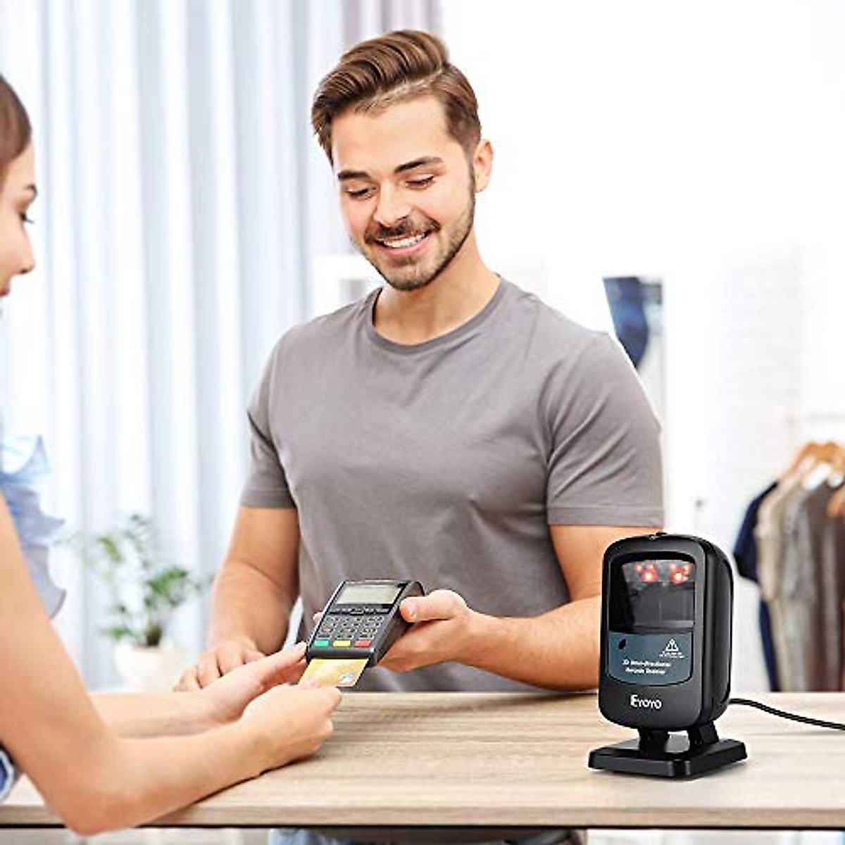 Eyoyo 2D Hands-Free Barcode Scanner, Omnidirectional USB Wired Desktop Barcode Reader 1D 2D PDF417 Data Matrix Bar Code Reader with Automatically Scanning for Retail Store Supermarket Mall Business