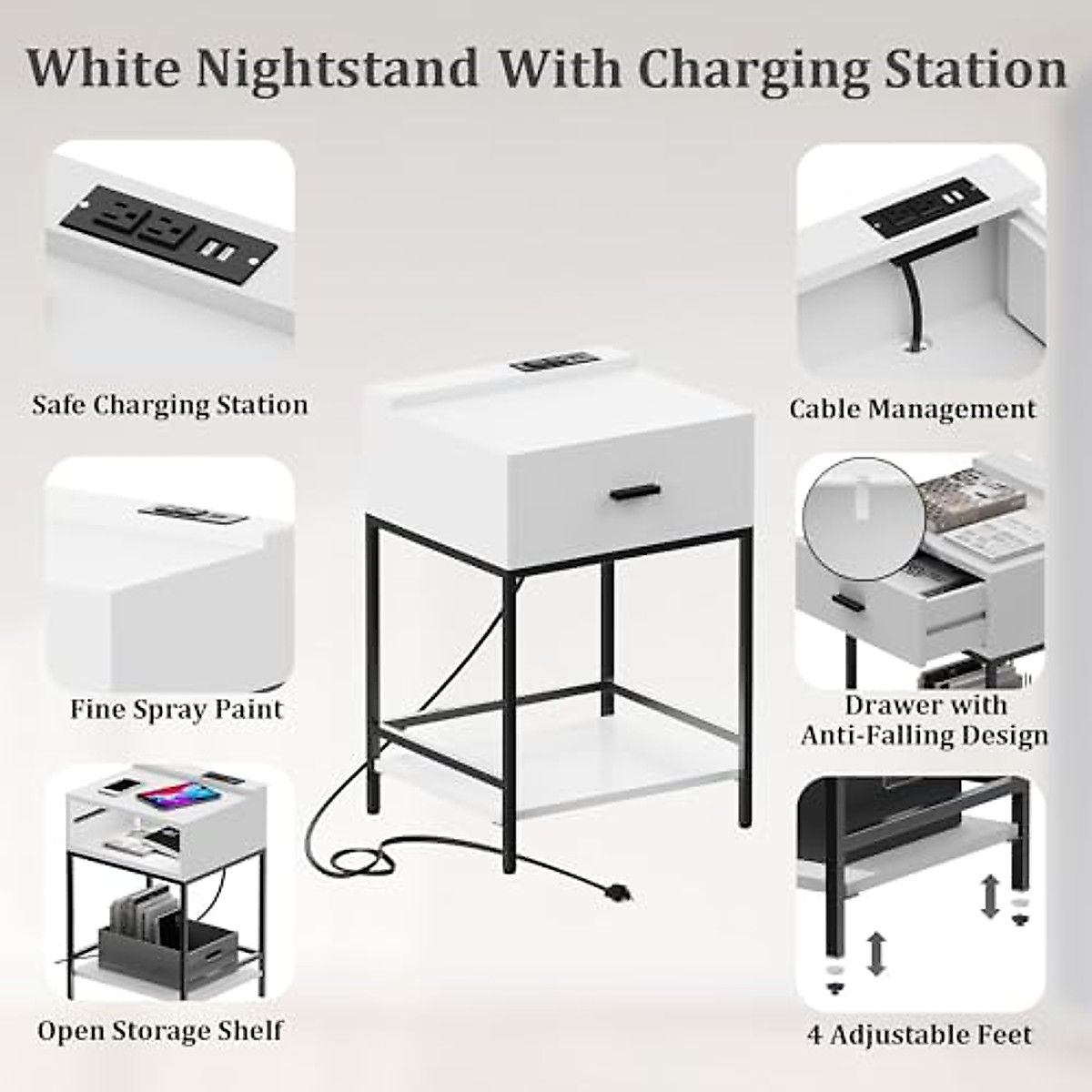 Facofaco White Nightstand with Charging Station and USB Ports, 3-Tier End Table with Wood Drawer Storage Shelf, Tall Small Bed Side Table for Small Spaces Living Room, Bedroom