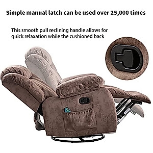 CANMOV Massage Rocker Recliner with Heat and Vibration, 360 Degree Swivel Manual Antiskid Fabric Single Sofa Heavy Duty Reclining Chair for Living Room, Dark Brown