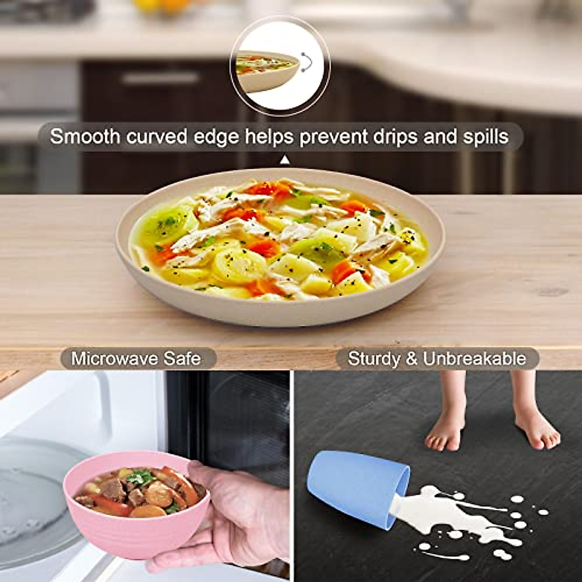 Wheat Straw Dinnerware Sets - Unbreakable Dinnerware Dishes Set for 4 (28-Pc) - Adult & Kids Plates and Bowls Sets - Plastic Plates Reusable, Cups, Cereal Bowls - Microwave Safe