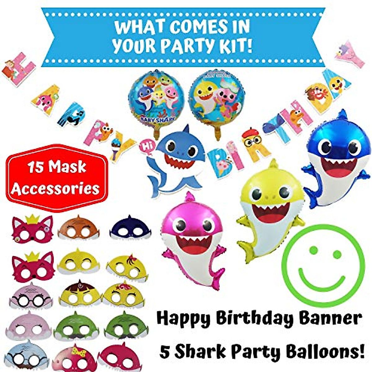 Baby Shark Birthday Party Decorations Kit - 124 Piece Shark Themed Party Supplies Set for Boys | Party Favors Include Disposable/Reusable Tableware Kit, 3' x 5' Photo Backdrop, Happy Birthday Banner, Shark Party Headbands and Balloons | Serves 20 Guests