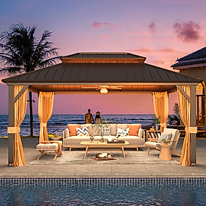 YOLENY 12' x 16' Gazebo, Hardtop Gazebo with Galvanized Steel Roof, Double Roof Gazebo with Aluminum Frame, Outdoor Gazebo with Curtains and Nettings, Sunshade for Gardens, Lawns, Deck