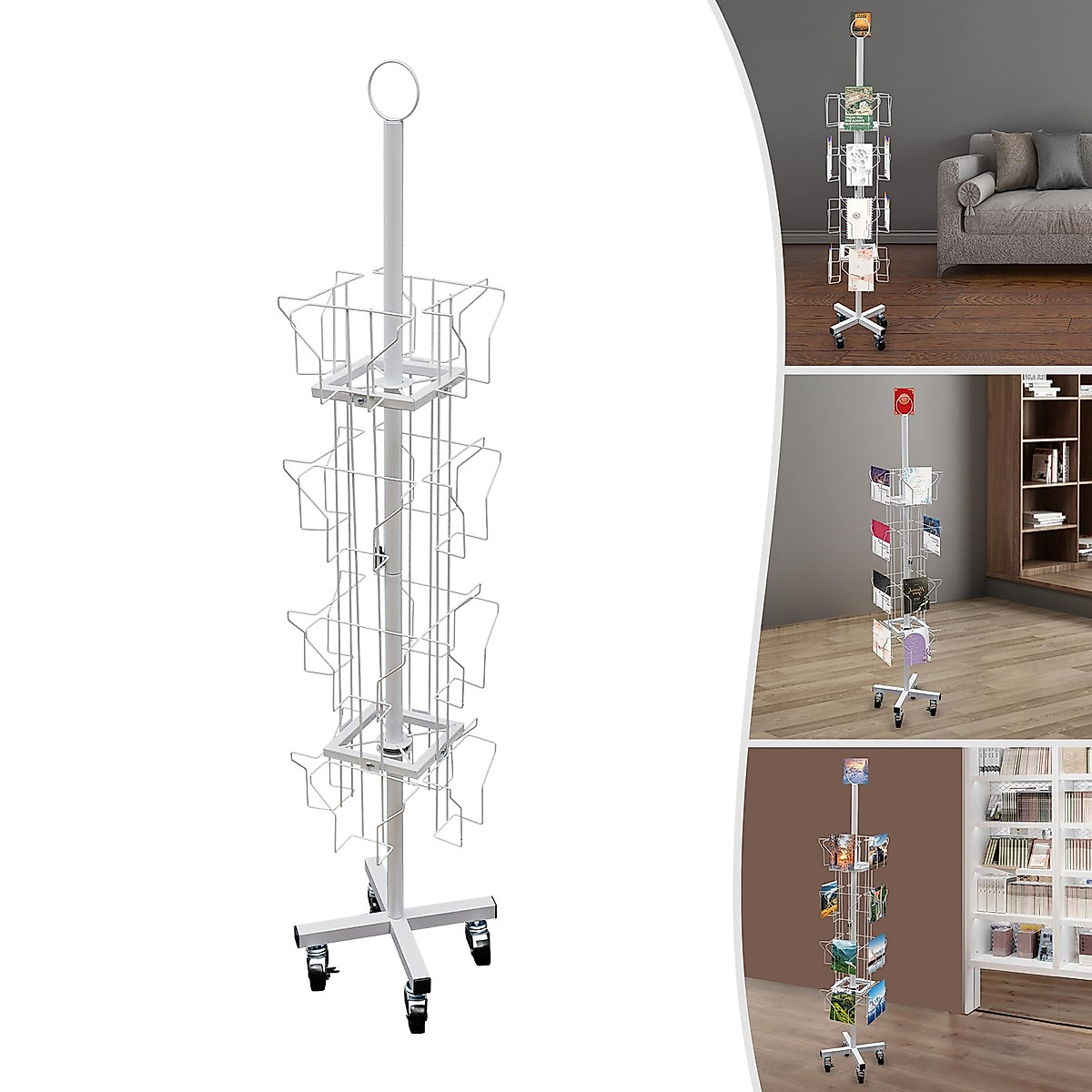 Vintoro Storage Stand Assistant, 360° Rotating Greeting Card Rack with 4 Universal Wheels,16-Pocket Display Stand Spinning, 31.5*12.6*5.12in,for Classroom Office Library Craft Show, White