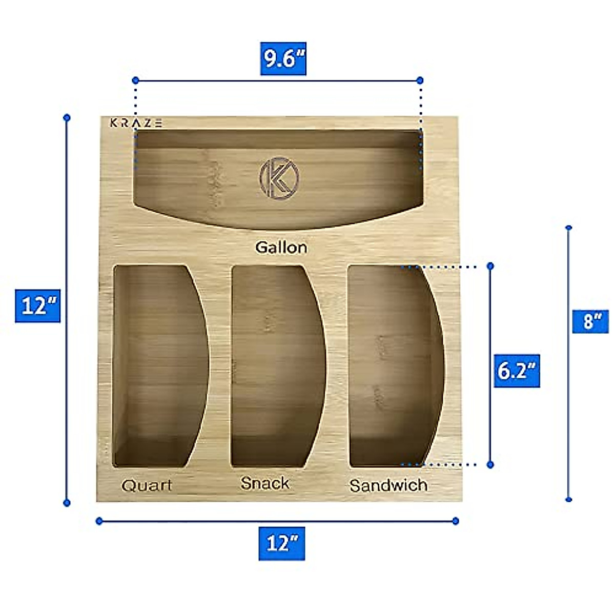 Kraze Home Bamboo Ziplock Bag Organizer & Dispenser, Kitchen Drawer Organizer, Bamboo Drawer Organizer, Baggie Organizer, Compatible with Ziploc/Glad/Gallon/Quart/Sandwich & Snack Size Bags