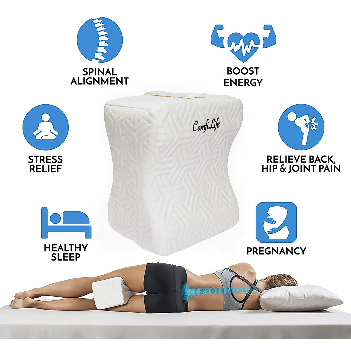 ComfiLife Knee Pillow for Side Sleepers – Firm Support Cooling Memory Foam Leg Pillow for Sleeping – Sciatica Pain Relief, Knee & Back Relief – Water Resistant Between Legs Pillow – Ergonomic Contour