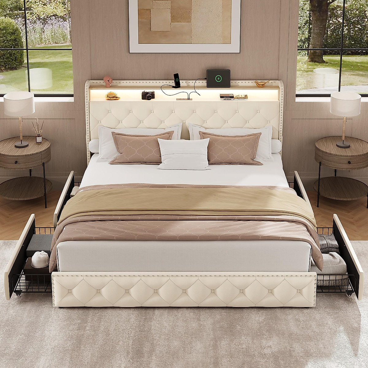LARMACE King Size Bed Frame with LED Lights & USB Charging Station, Velvet Upholstered Platform Bed with Storage Headboard and 4 Drawers, No Box Spring Needed, Easy Assembly, Beige