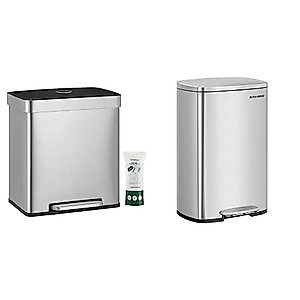 SONGMICS 2 x 8 Gal. Dual Compartment Kitchen Trash Can, 15 Trash Bags Included, Silver ULTB202E01 & 13.2 Gal (50L) Kitchen Trash Garbage Can, with Plastic Inner Bucket, Hinged Lid, Soft Closure