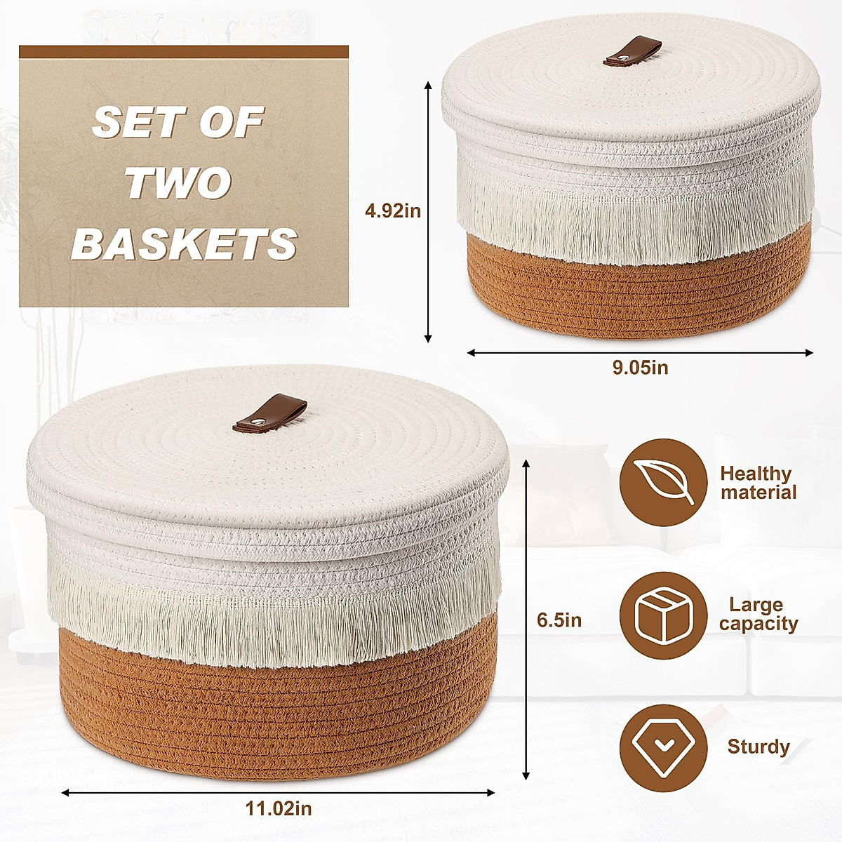 Kinlop 2 Pcs Small Woven Jute Cotton Rope Round Basket with Lid Macrame Storage Basket with Lid Decorative Storage Bins with Lids Decorative Hamper for Diaper with Cute Tassel