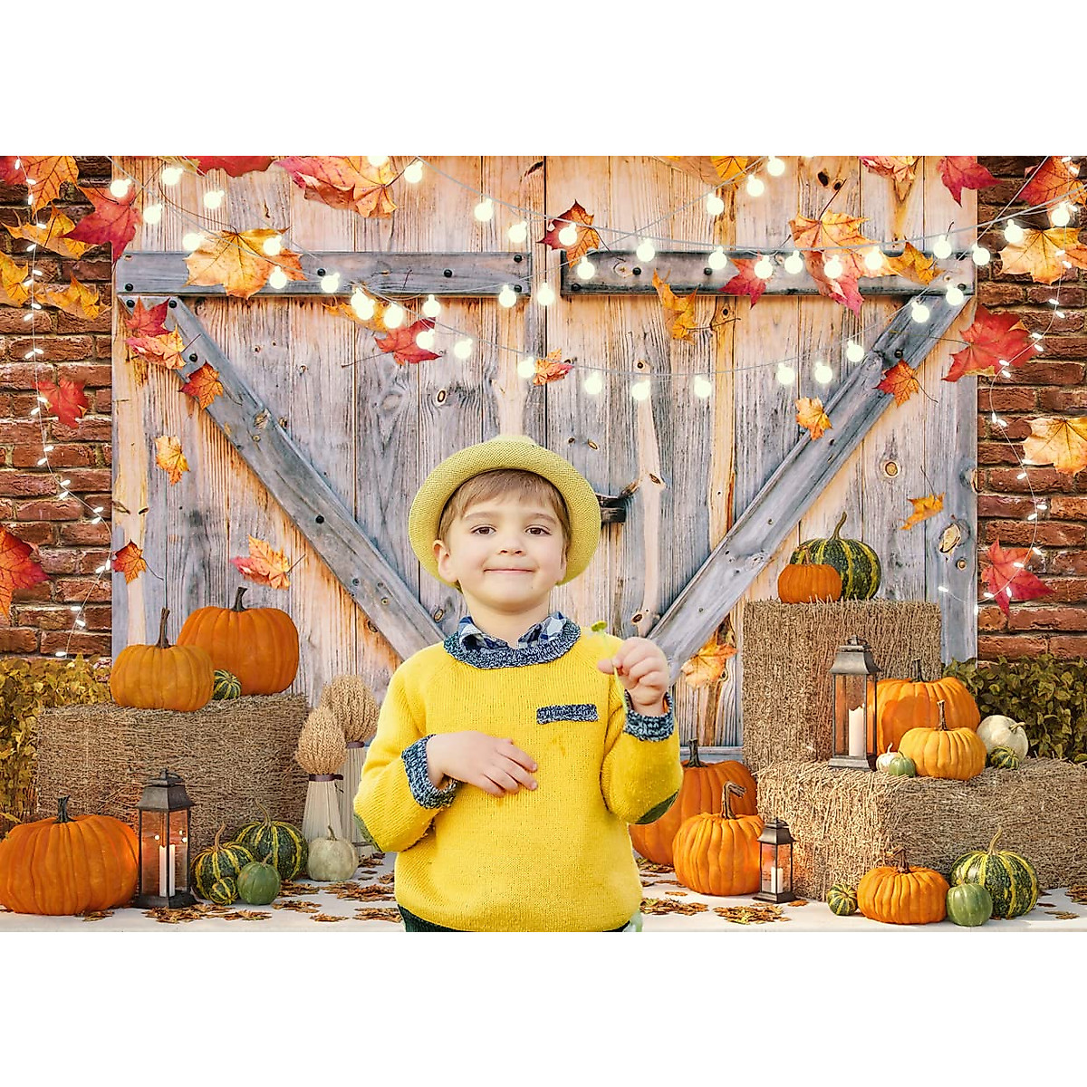 LYCGS 8X6FT Fall Thanksgiving Backdrop Autumn Pumpkin Harvest Barn Background Hay Maple Leaves Baby Shower Banner Supplies Photo Booth Prop X-53