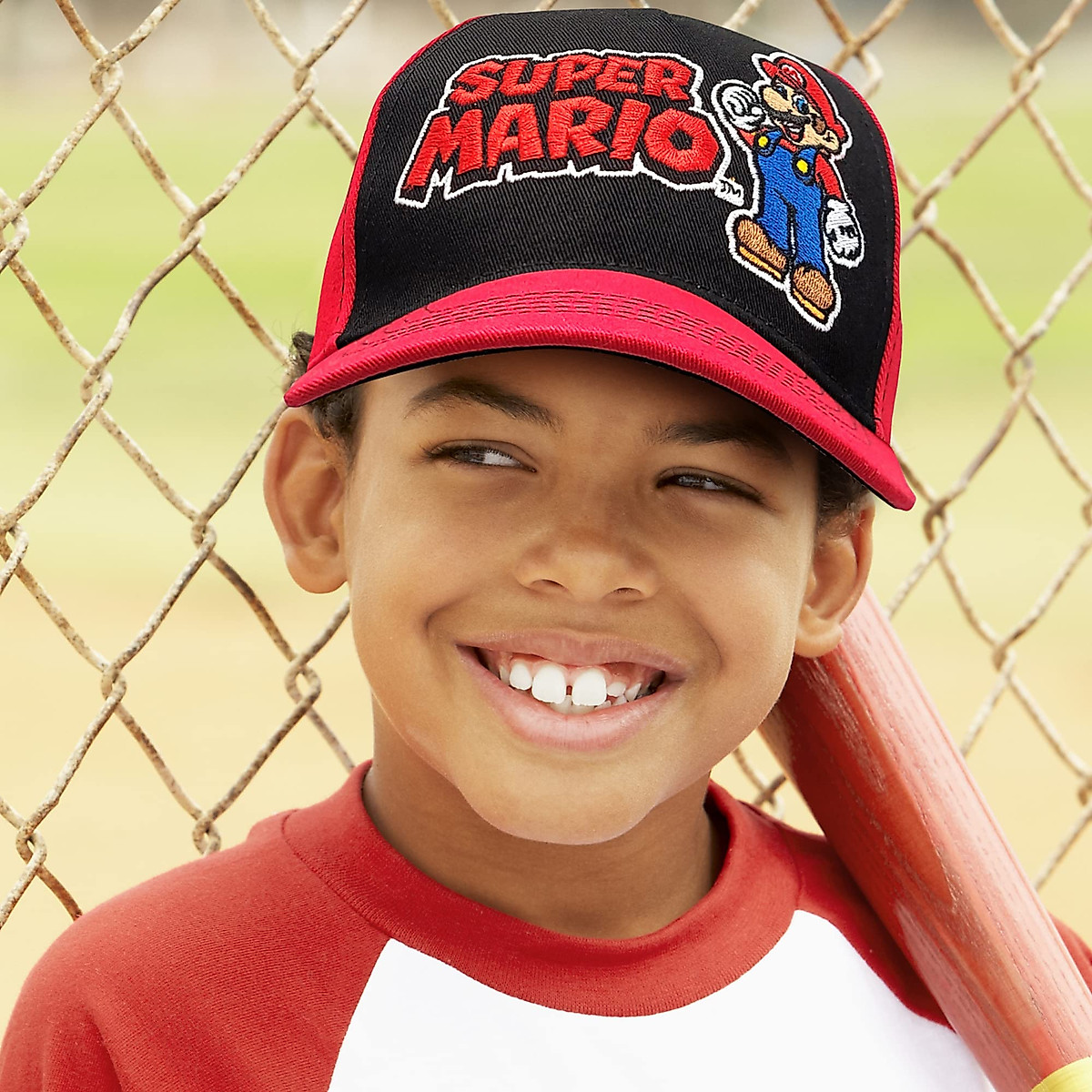 Nintendo Boys Baseball Cap, Super Mario Adjustable Kids Hat for Ages 4-7 Red/Black