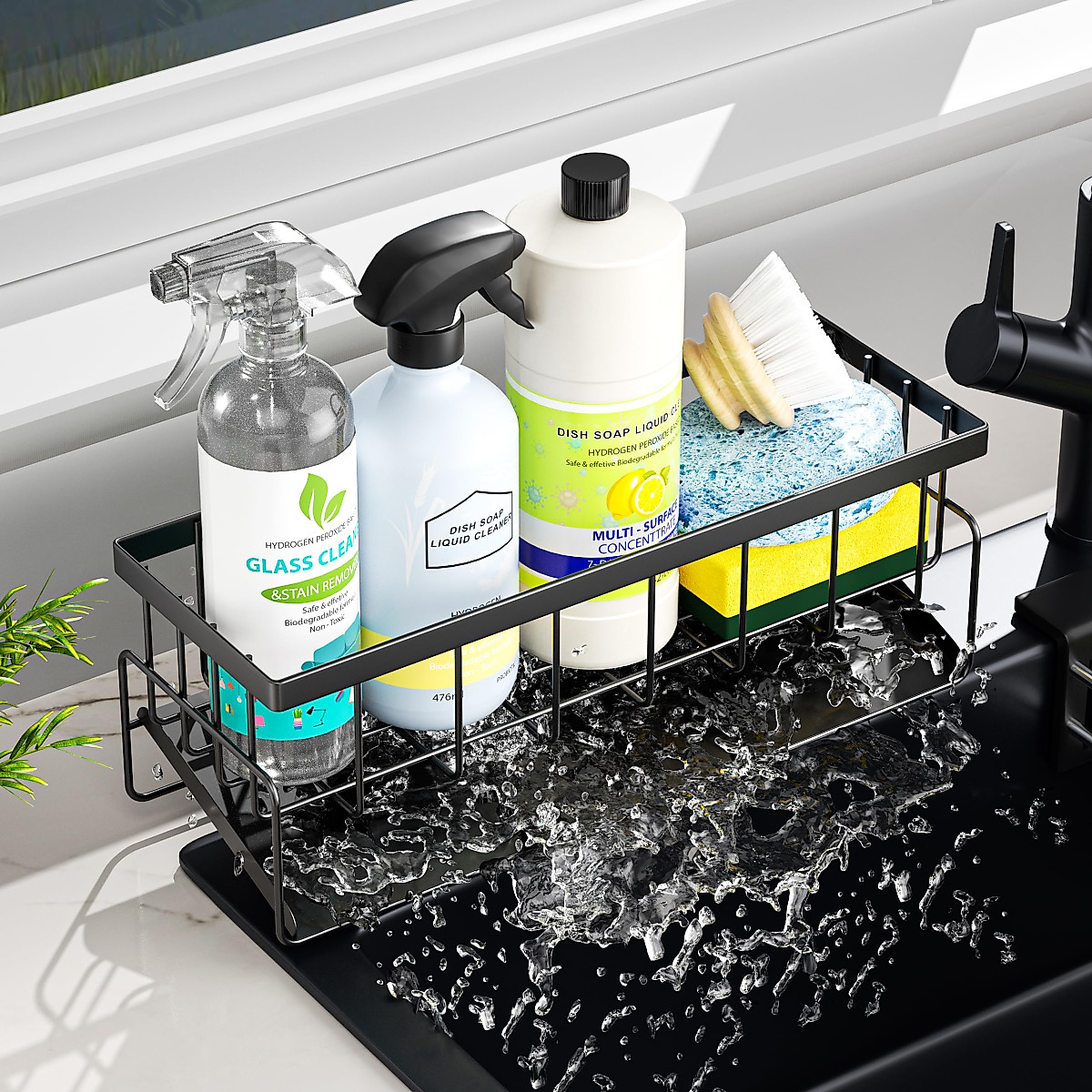 VANZBON Sponge Holder Kitchen Sink for Kitchen Sink, with Stainless Steel Auto Drain Tray,Self Drain Dish Soap Sponge Caddy Rack for Kitchen Countertop Storage Gadgets Accessories, Grey