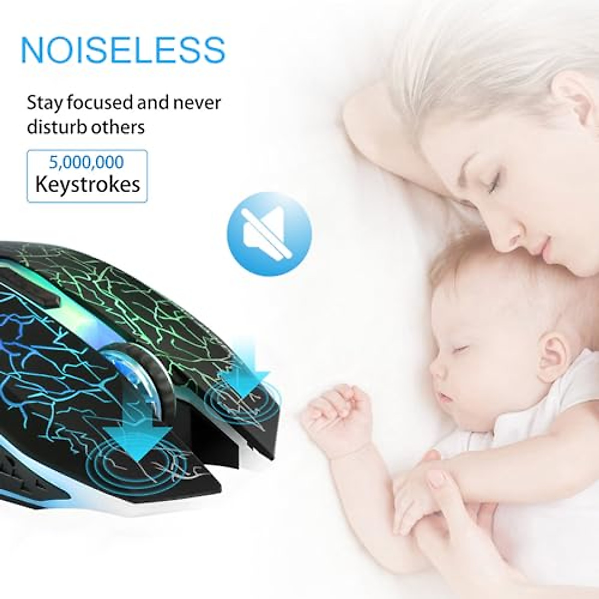 TENMOS M2 Wireless Gaming Mouse, Silent Rechargeable Optical USB Computer Mice Wireless with 7 Color LED Light, Ergonomic Design, 3 Adjustable DPI Compatible with Laptop/PC/Notebook, 6 Buttons (Black)