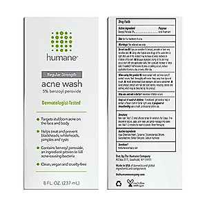 humane Regular-Strength Acne Wash - 5% Benzoyl Peroxide Acne Treatment for Face, Skin, Butt, Back and Body - 8 Fl Oz - Dermatologist-Tested Non-Foaming Cleanser - Vegan, Cruelty-Free