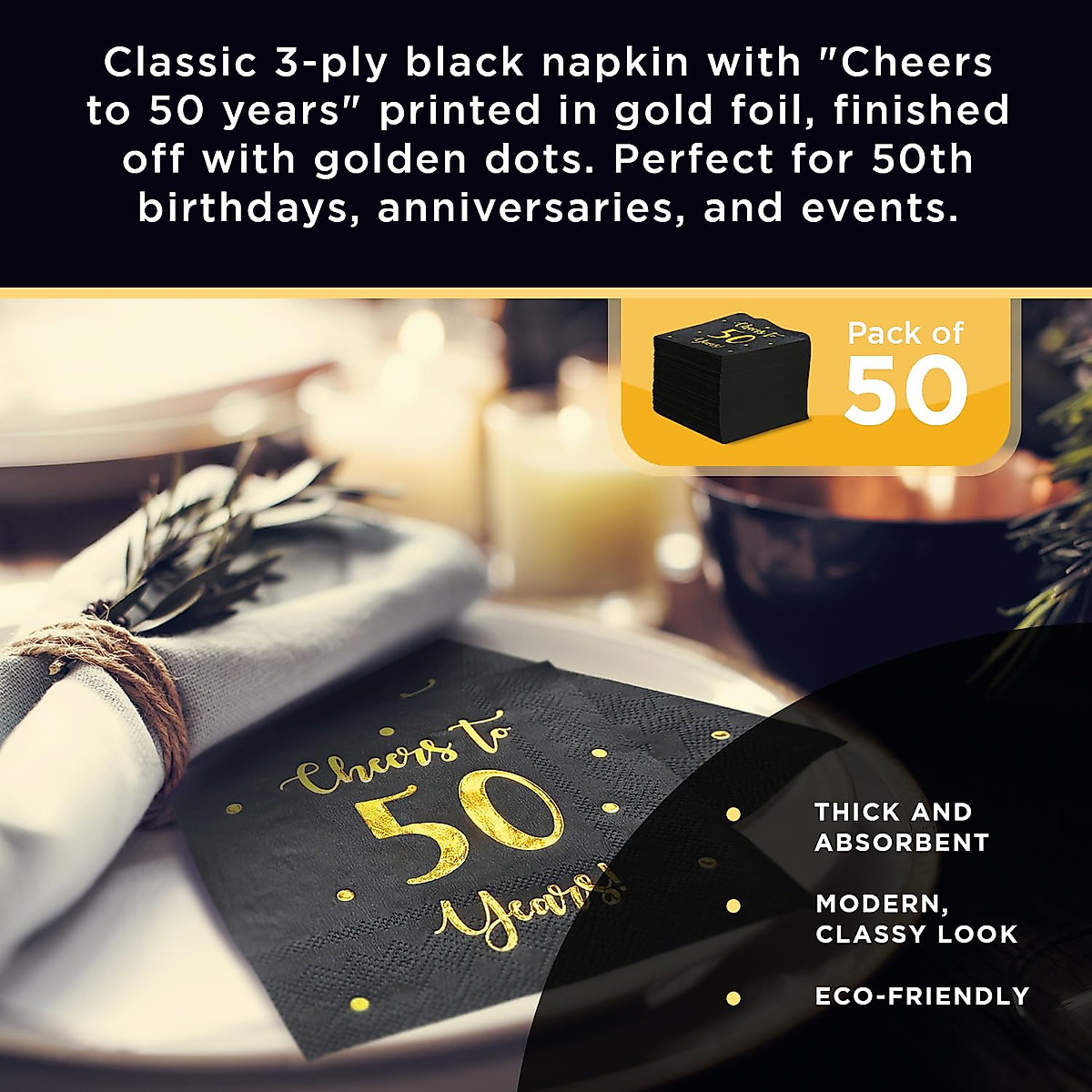 Cheers to 50 Years Cocktail Napkins | Happy 50th Birthday Decorations for Men and Women and Wedding Anniversary Party Decorations | 50-Pack 3-Ply Napkins | 5 x 5 inch folded (Black)