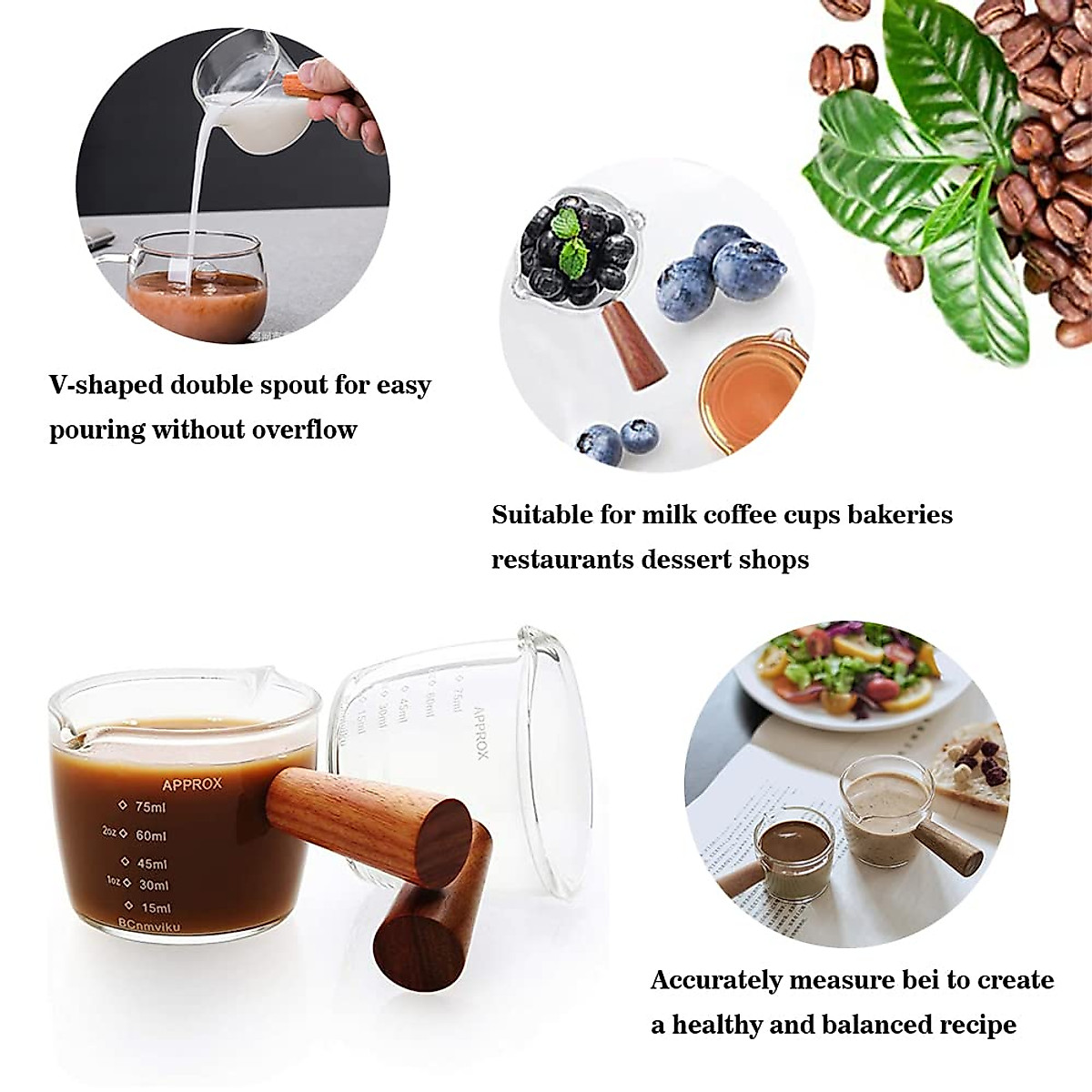 1 Pack Double Spouts Measuring Triple Pitcher Milk Cup 75ML Espresso Shot Glasses Parts Clear Glass with Wood Handle