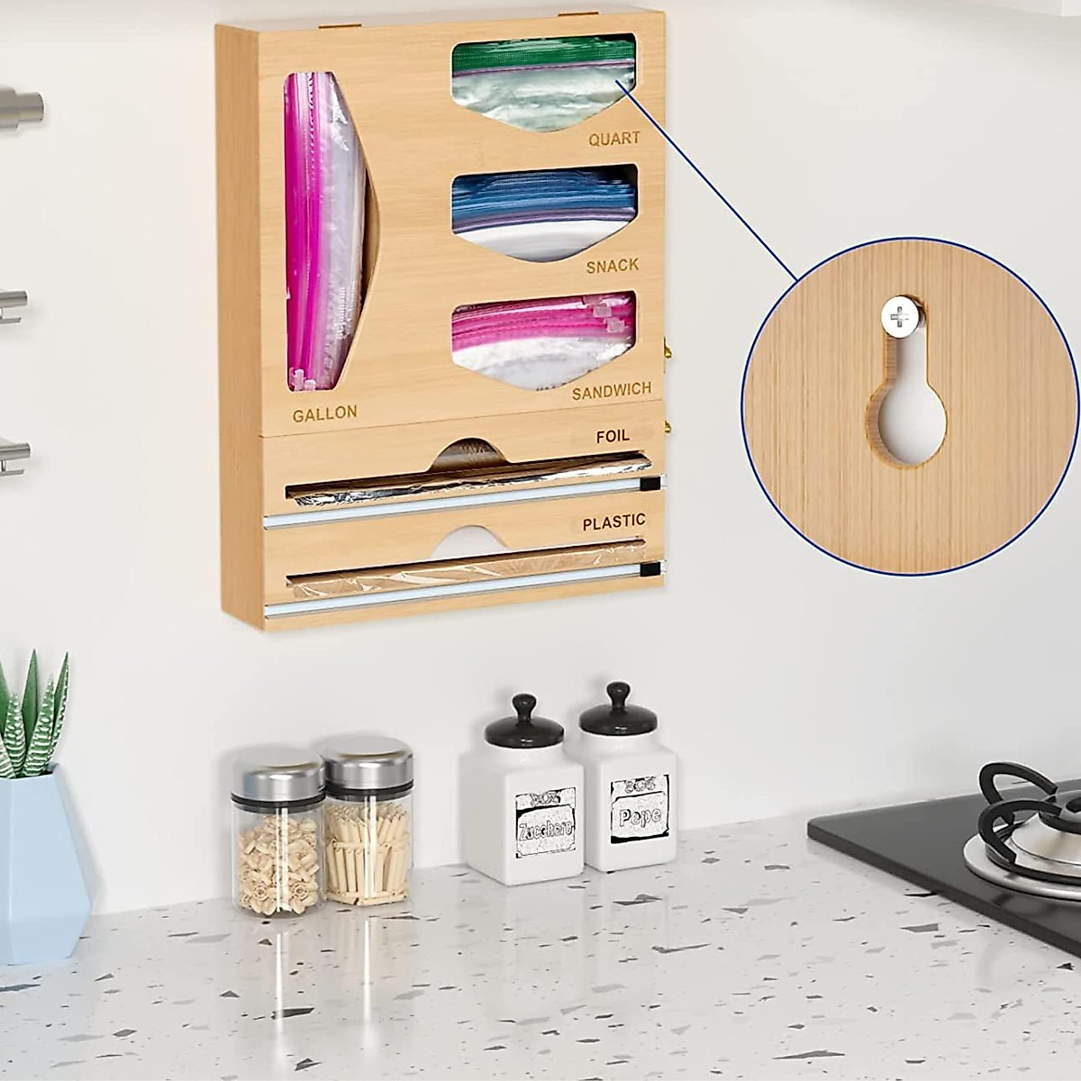 Ziplock Bag Organizer for Kitchen Drawer - 6 in 1 Wrap Dispenser with Cutter, Compatible with Gallon, Quart, Sandwich, Aluminum Foil, Plastic Wrap and Snack Foil and Baggie Storage Rack