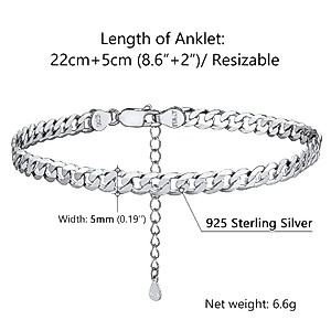 PROSILVER Sterling Silver Cuban Link Anklets For Women Womens Foot Chain Anklet Ankle Braclet