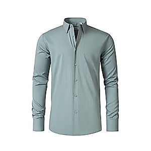 FAHIZO Men's Dress Shirt Regular Fit Casual Long Sleeve Stripe Stretch Soild, Green-3XL