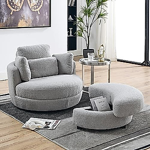 Swivel Accent Barrel Chair with Storage Ottoman,Comfy Teddy Upholstered 360° Recliner Sofa Club Chaise Leisure Round Lounge Armchair Singel Lazy Sofá Arm Chairs and Footrest Set for Living Room/Hotel