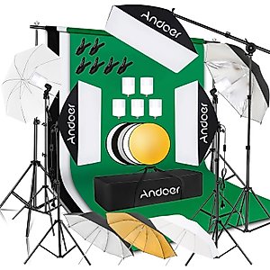 Andoer Professional Softbox Photography Studio Lighting Kit with 3 Color Backdrops, 6.5*10ft Backdrop Stands, Photography Umbrellas for Product Photography Portrait Video Shooting and Live Streaming