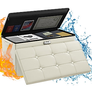 ENGPOW Storage Ottoman Bench,Fireproof Folding Storage Bench with Lock,30 Inches Fire＆Water Resistant Storage Chest Foot Rest Stool Leather Bedroom Bench with Storage Safe for Document,Valuables,Beige