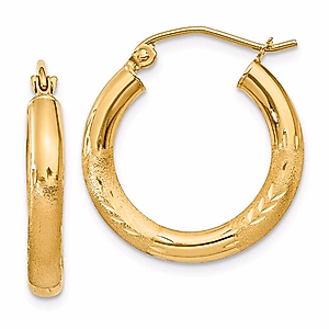 Yellow Gold Diamond Cut 3mm Round Hoop Earrings, (20mm)