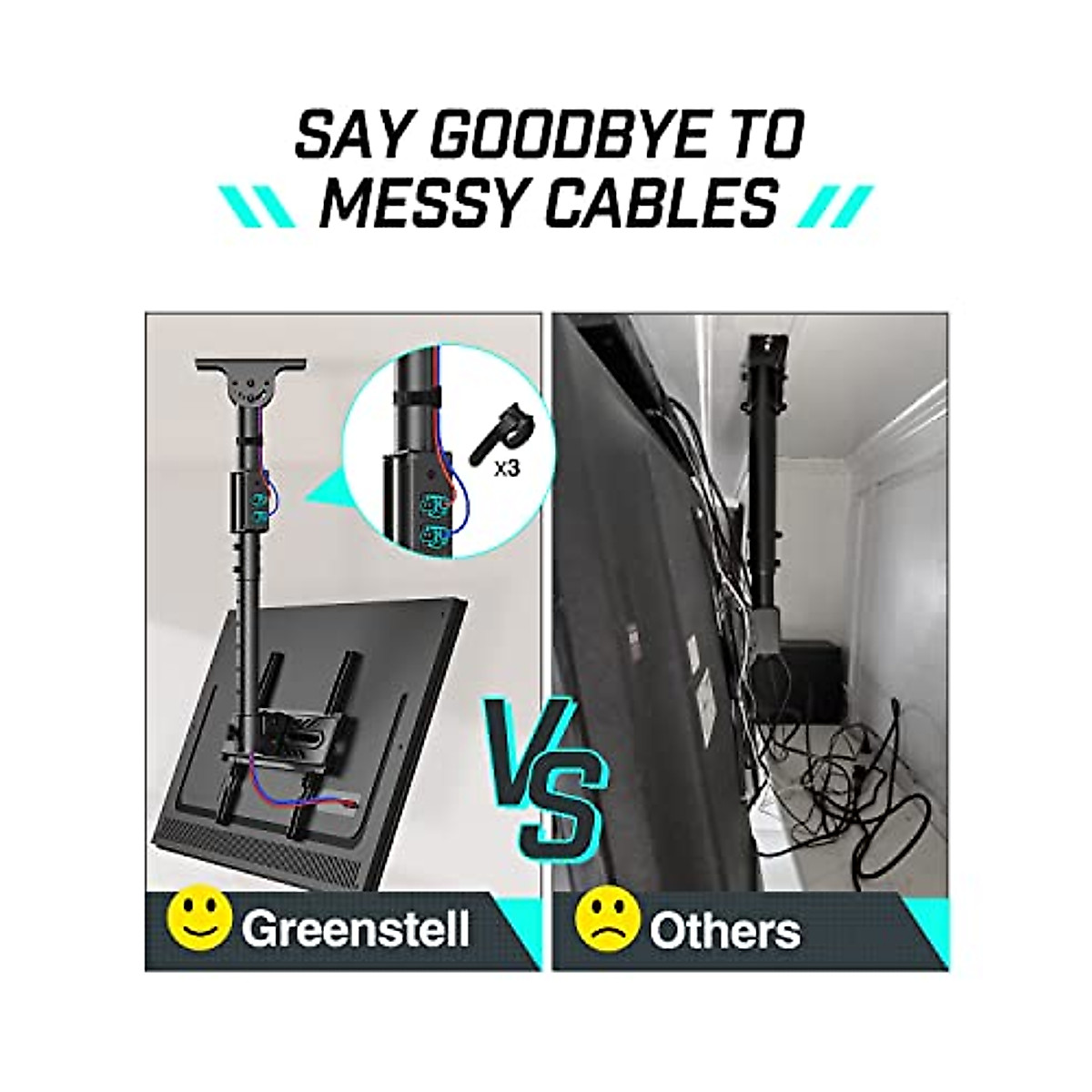 Greenstell Ceiling TV Mount with Power Outlet, TV Mount for 26-65 inch TVs, TV Ceiling Mount with 900J Surge Protection, Swivel, Tilt and 6 Height Adjustable, Max VESA 400x400mm, Holds up to 110Lbs