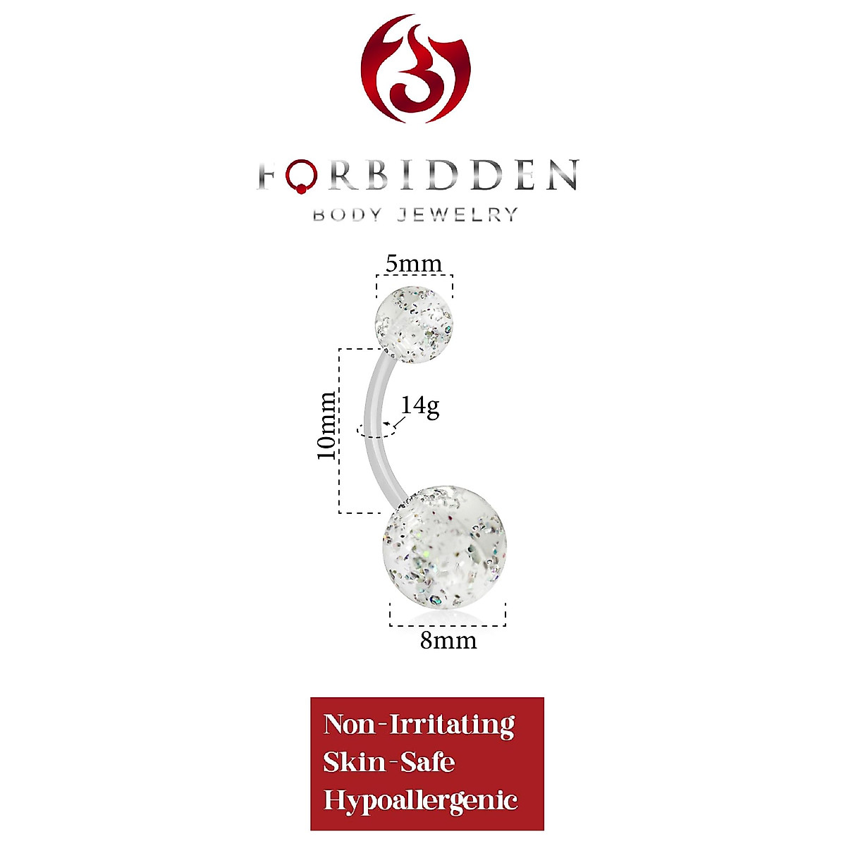 Forbidden Body Jewelry Belly Button Rings Metal Free Belly Ring Bioflex Barbell with Clear or Glitter Double Balls 14G (Clear Glitter)