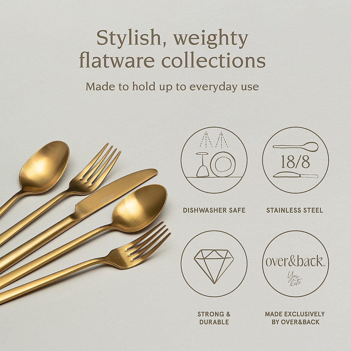 over&back 20pc Modern Flatware Cutlery Set - Comes with 4 Dinner Forks, 4 Salad Forks, 4 Dinner Knives, 4 Dinner Spoons, and 4 Teaspoons - 18/8 Stainless Steel - Dishwasher-Safe - Matte Gold