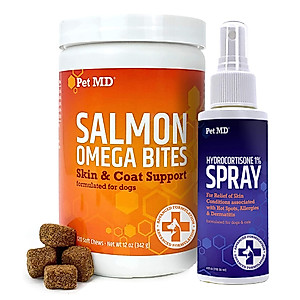 Pet MD Salmon Omega Bites and Hydrocortisone Spray Bundle - Allergy and Itch Relief Bundle for Dogs