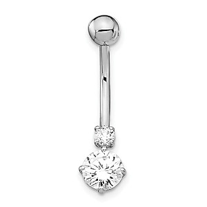 10k White Gold Polished Open back Screw back With 3 and 6mm CZ Cubic Zirconia Simulated Diamonds Belly Ring Dangle Jewelry for Women