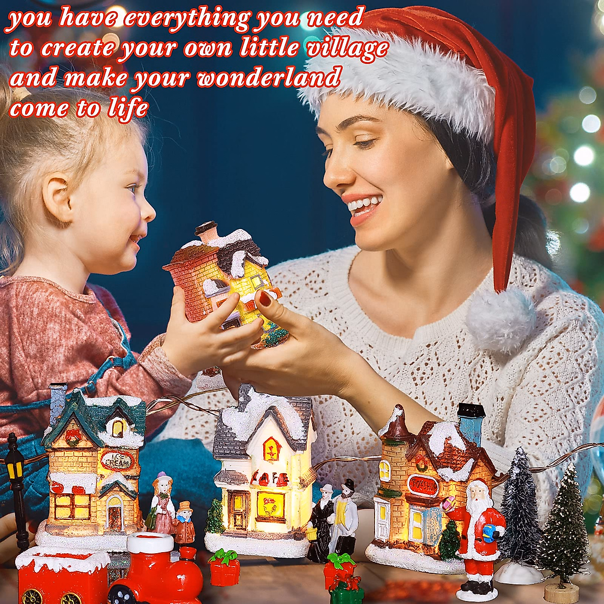 Yerliker Christmas Village Set LED Lights Houses with Figurines Battery Operated TZ0346