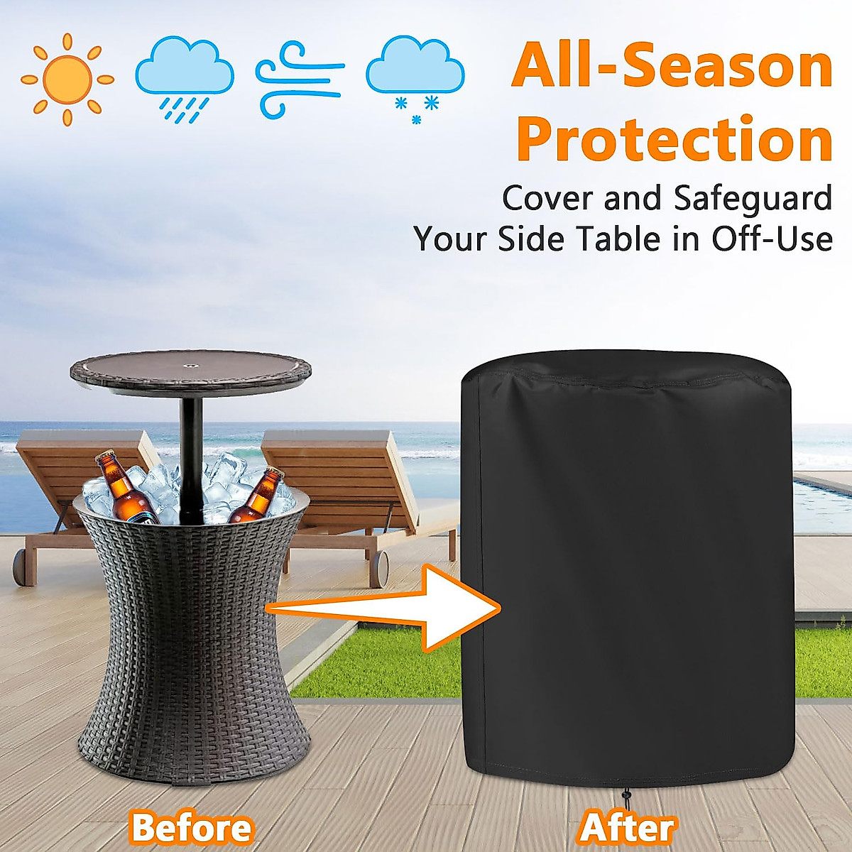 Saking Outdoor Cooler Table cover for Keter 7.5 Gallon Cool Bar Table, Waterproof Outdoor Barrel Cool Bar Table Cover, Round Pool Side End Table Cover with Drawstring, 21" D x 23" H, Black