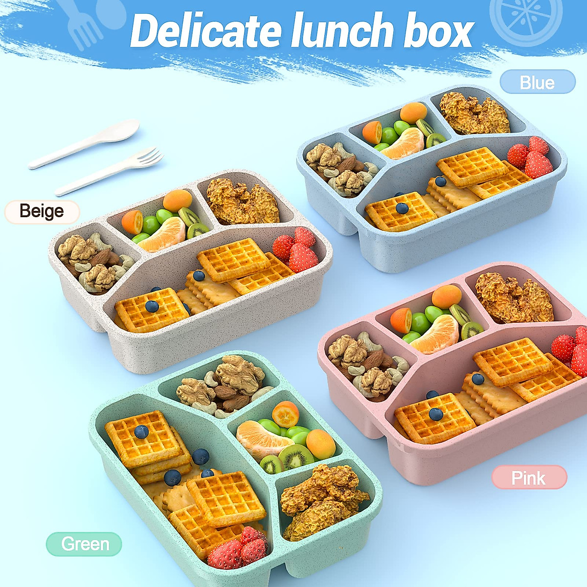 Bento Lunch Box for Kids (4 Pack), 4-Compartment Meal Prep Container with Transparent Cover, Freezer and Dishwasher Safe Food Storage Containers, Reusable Bento Adult Lunch Box for Work School Travel