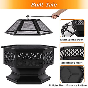 70CM Hexagonal Portable Outdoor Fire Pit for Garden Portable Garden Fire Pit, Outdoor Fire Pit, Heavy Duty Fire Bowl with Spark Screen Cover and Poker Fire Bowl Iron Brazier Wood Burning Fire Pit