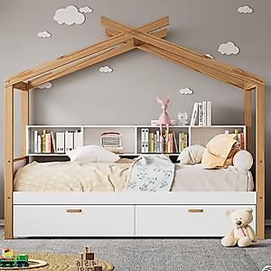 Merax Kids House Beds with Drawers & Shelves,Full Wood Storage Low Bed Frames for Boys,Girls, No Box Spring Need/Easy Assemble(Full,White)