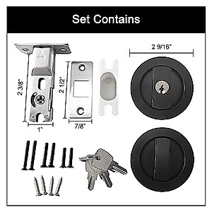 Round Pocket Door Lock with Keys - Recessed 2 Sided Handle Hardware for Privacy Barn Door and Sliding Door with Latch - Fits 1 3/8” to 2 3/16” Thickness Door (Black-Entry, 1 Pack)
