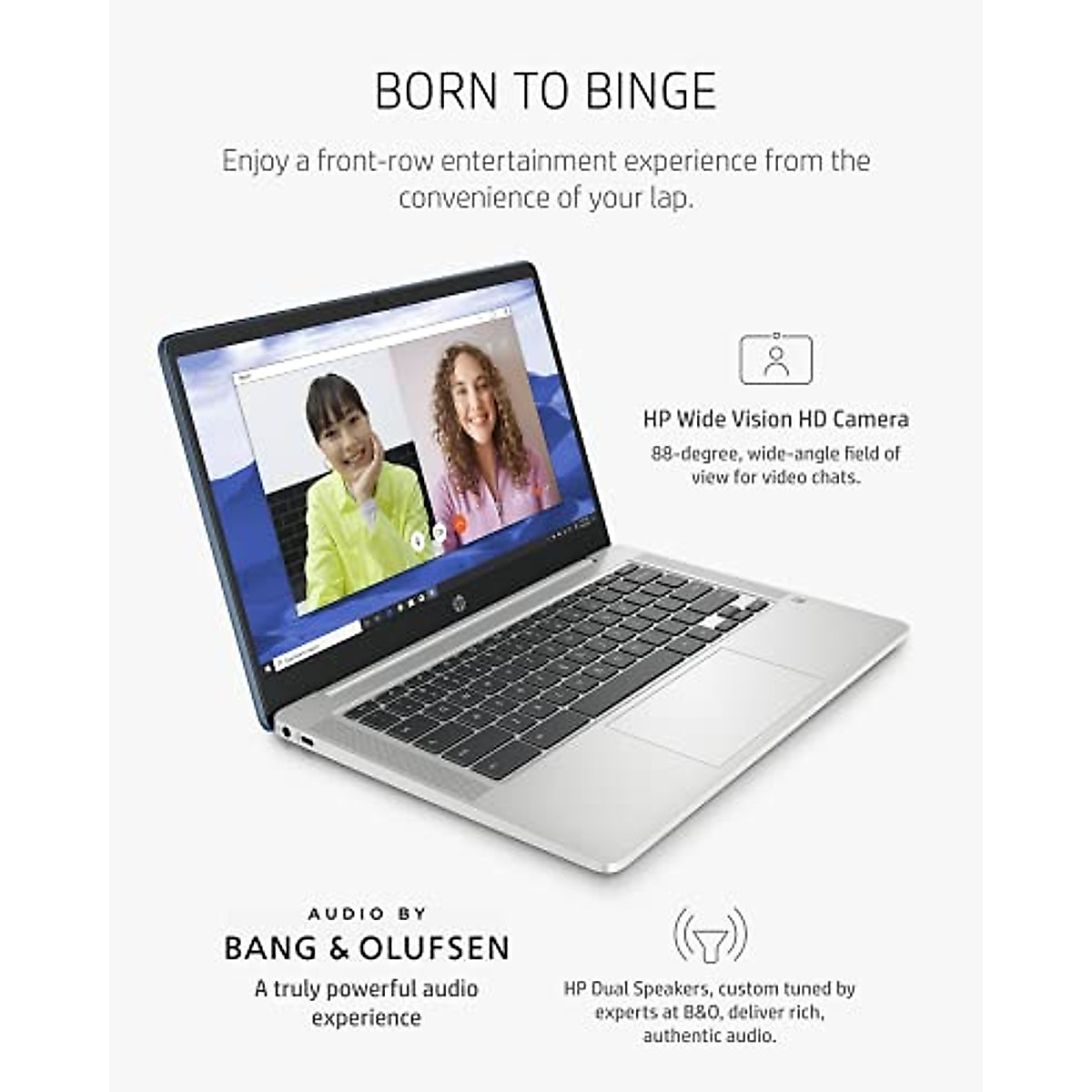 HP Chromebook 14 Laptop, Intel Celeron Processor, 4 GB RAM, 32 GB eMMC, 14” HD (1366 x 768), Display, Chrome OS, Webcam & Dual Mics, Work, School, Entertainment, Long Battery Life (14a-na0120nr, 2021)