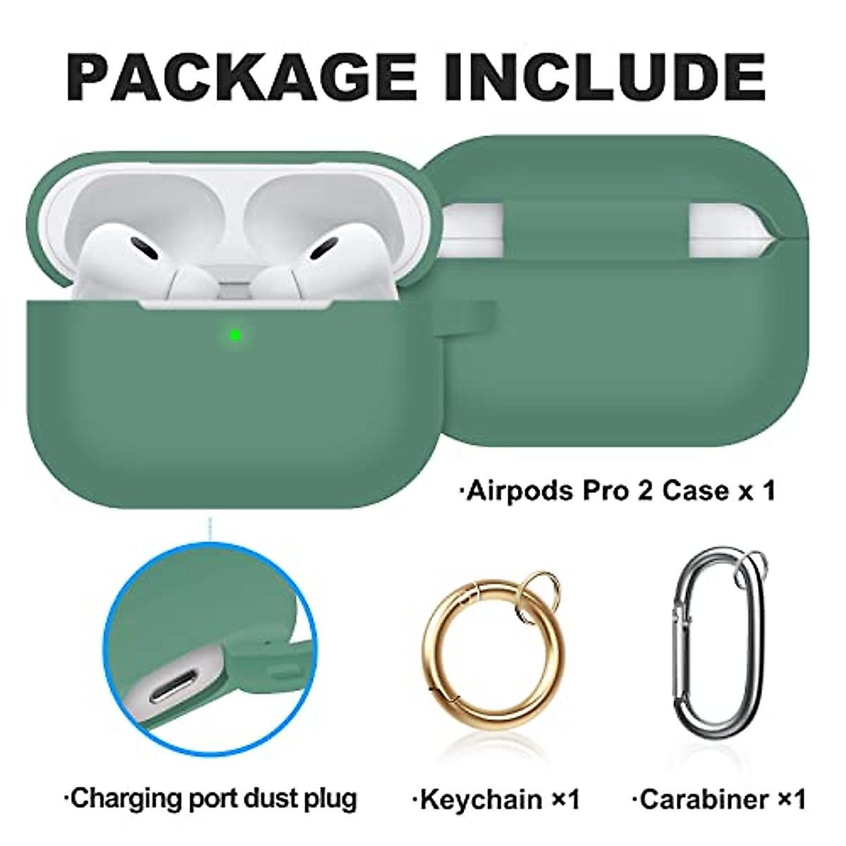 Tandoler Compatible with Airpods Pro 2 Case, Soft Silicone Skin Cover Shock-Absorbing Protective Cases with Keychain Compatible for AirPod Pro 2nd Generation [Front LED Visible]，Pine Green