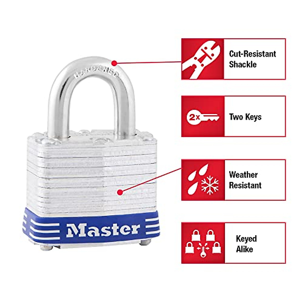 Master Lock 3008D Outdoor Padlock with Key, Pack of 4 Keyed-Alike Silver 1-1/2 Inch